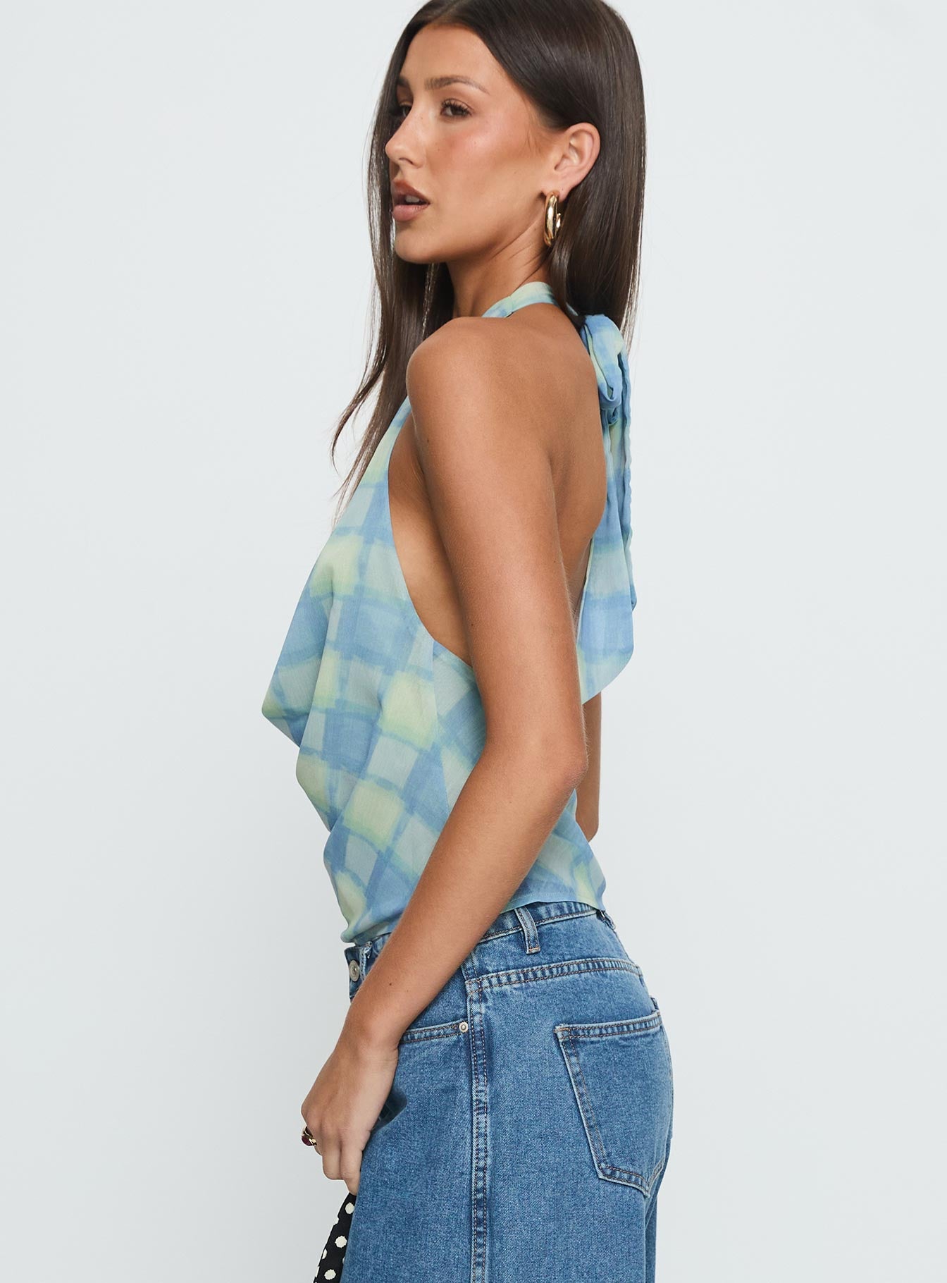 Karelyn Plunge Neck Top Teal Check | Princess Polly