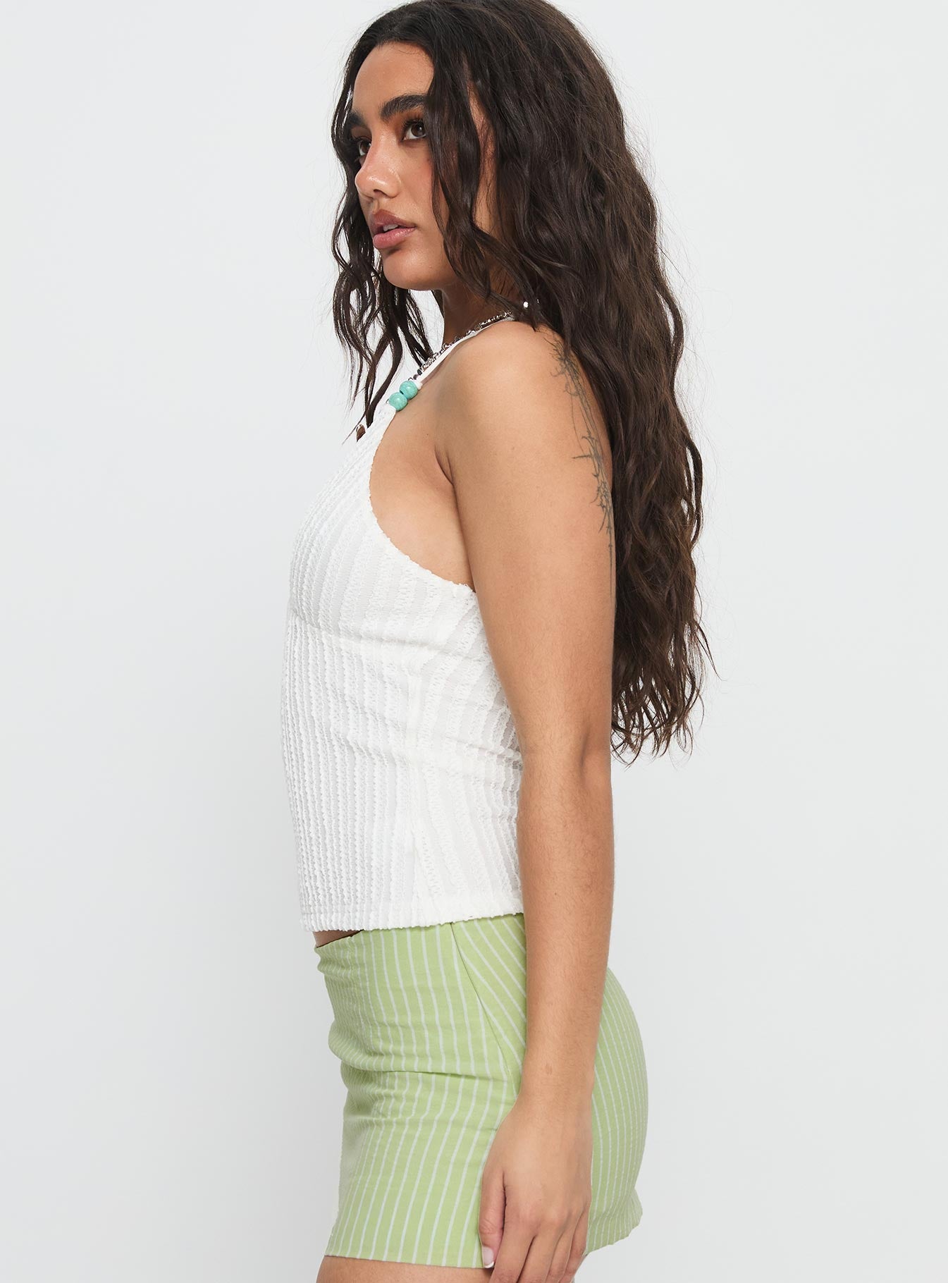 Vibe Check Bead Detail Cross Front Top White | Princess Polly