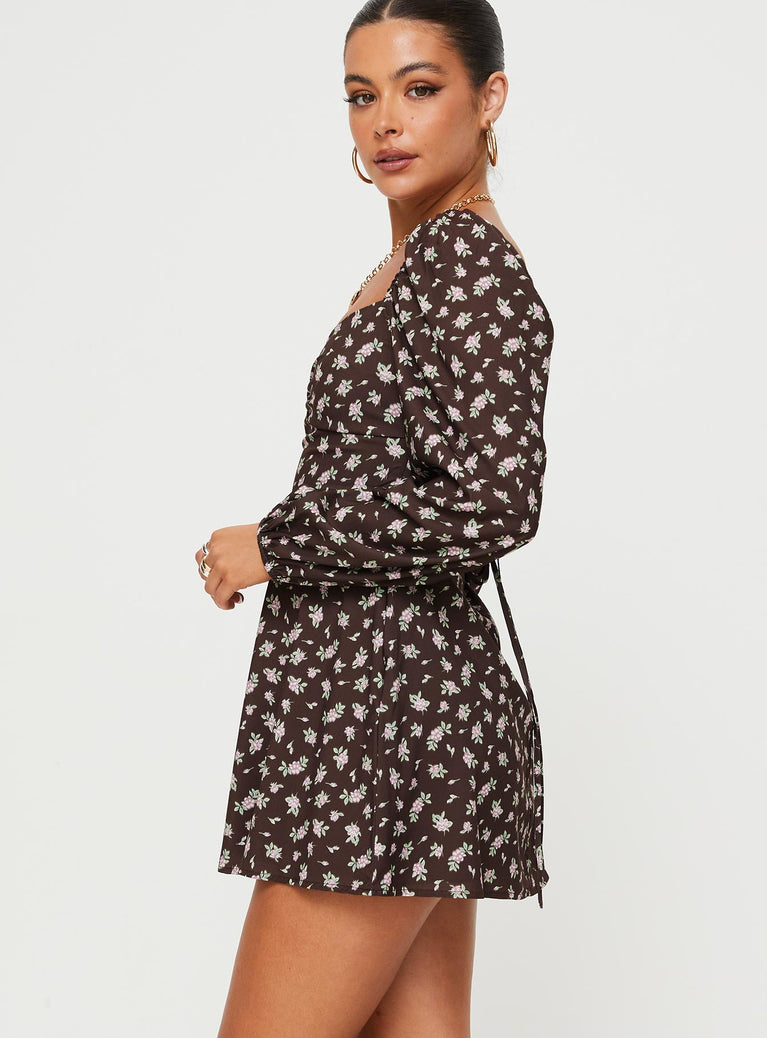Landon Long Sleeve Mini Dress Brown Floral | Princess Polly USA