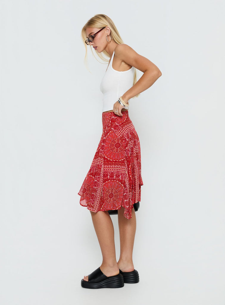 Raenah Asymmetrical Midi Skirt Red Paisley | Princess Polly