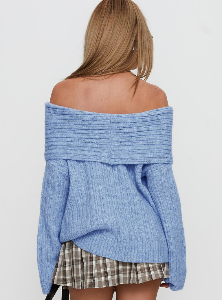 Snowie Off Shoulder Knit Sweater Blue | Princess Polly USA