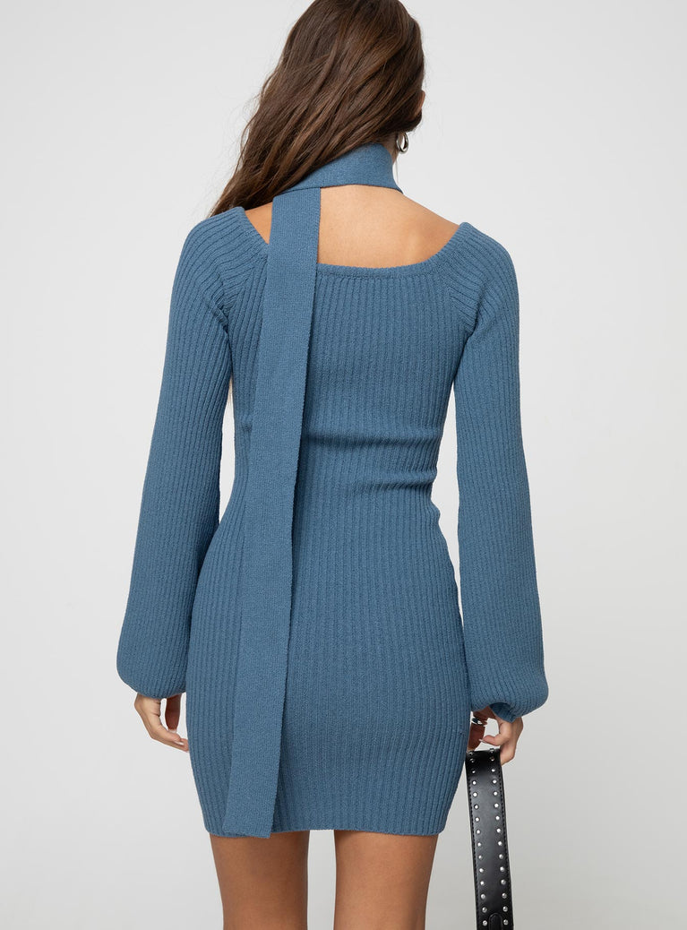 Dyante Long Sleeve Scarf Mini Dress Blue | Princess Polly USA