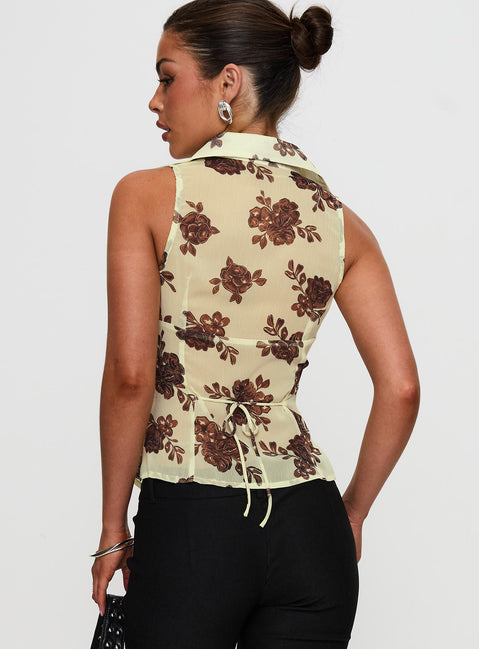 Present Tense Sheer Ruched Top Yellow Floral | Princess Polly