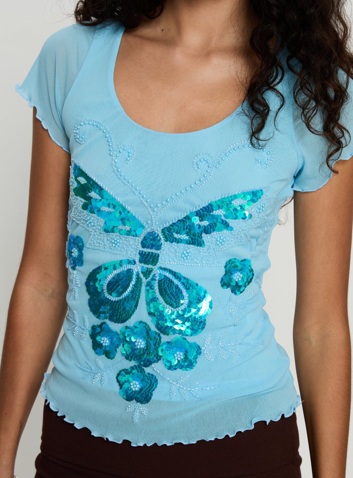 Reannah Sequin Short Sleeve Top Blue | Princess Polly