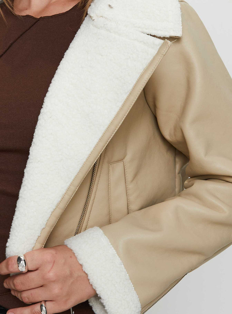 Shearling Trim Faux Leather Jacket Beige | Princess Polly USA