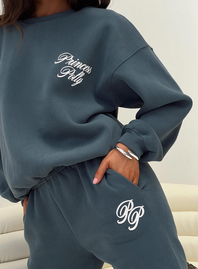 Princess Polly Crew Neck Sweatshirt Cursive Text Navy / White ...