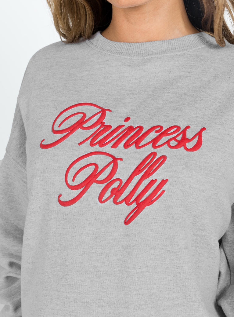 Princess Polly Crew Neck Sweatshirt Cursive Text Grey Marle / Red | Princess Polly USA