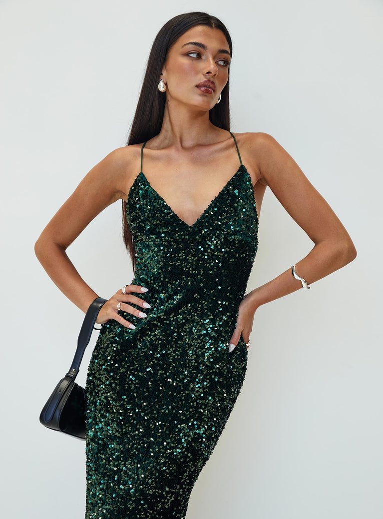 Charlette Sparkle Maxi Dress Dark Green | Princess Polly USA