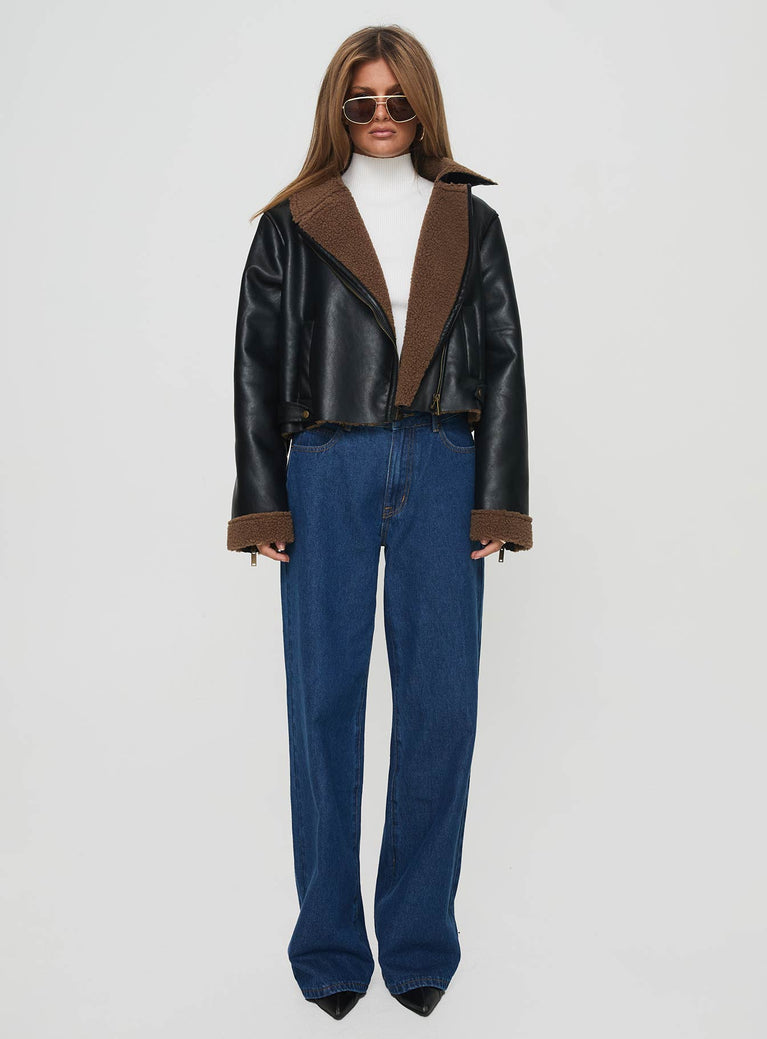 Shearling Trim Faux Leather Jacket Black | Princess Polly USA