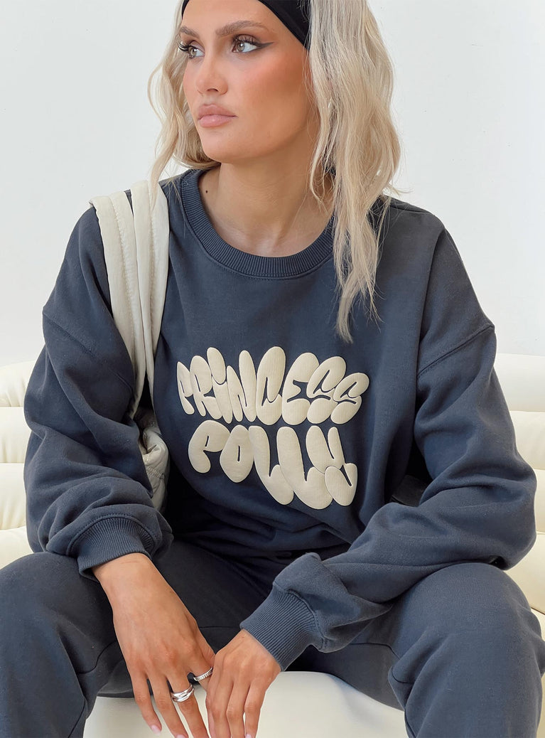 Princess Polly Crew Neck Sweatshirt Bubble Text Slate / Eggshell ...