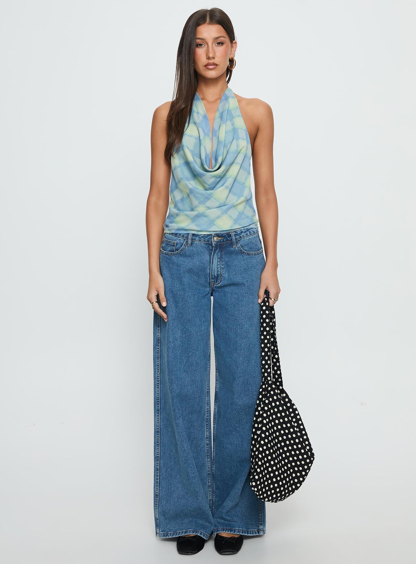 Karelyn Plunge Neck Top Teal Check | Princess Polly