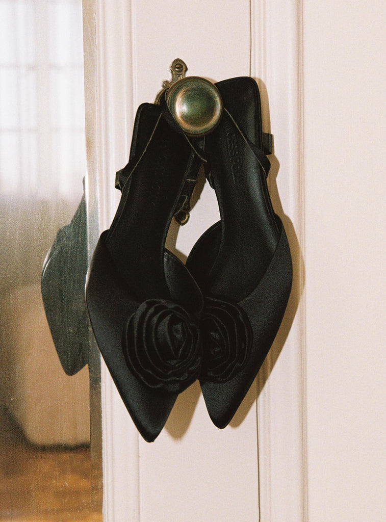 Chance Pointed Toe Bow Heels Black Satin | Princess Polly