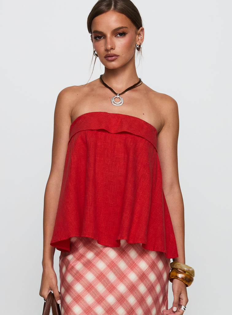 Ethel Strapless Linen Top Red | Princess Polly