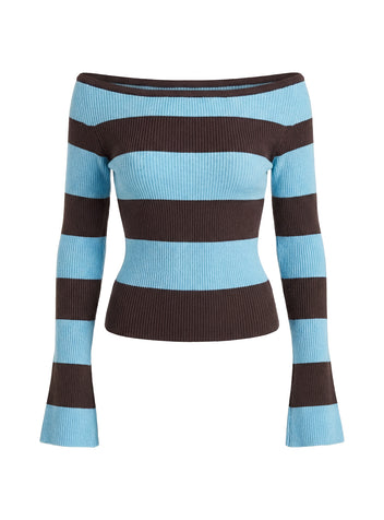 Ahani Off Shoulder Knit Top Blue / Brown | Princess Polly