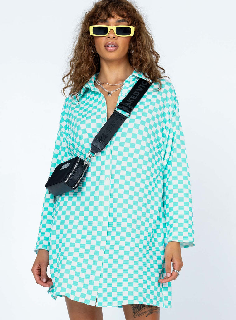 Loraine Shirt Mini Dress Blue Check | Princess Polly