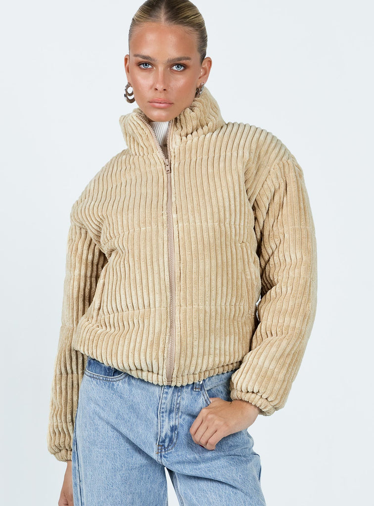 Benli Cord Puffer Jacket Beige | Princess Polly