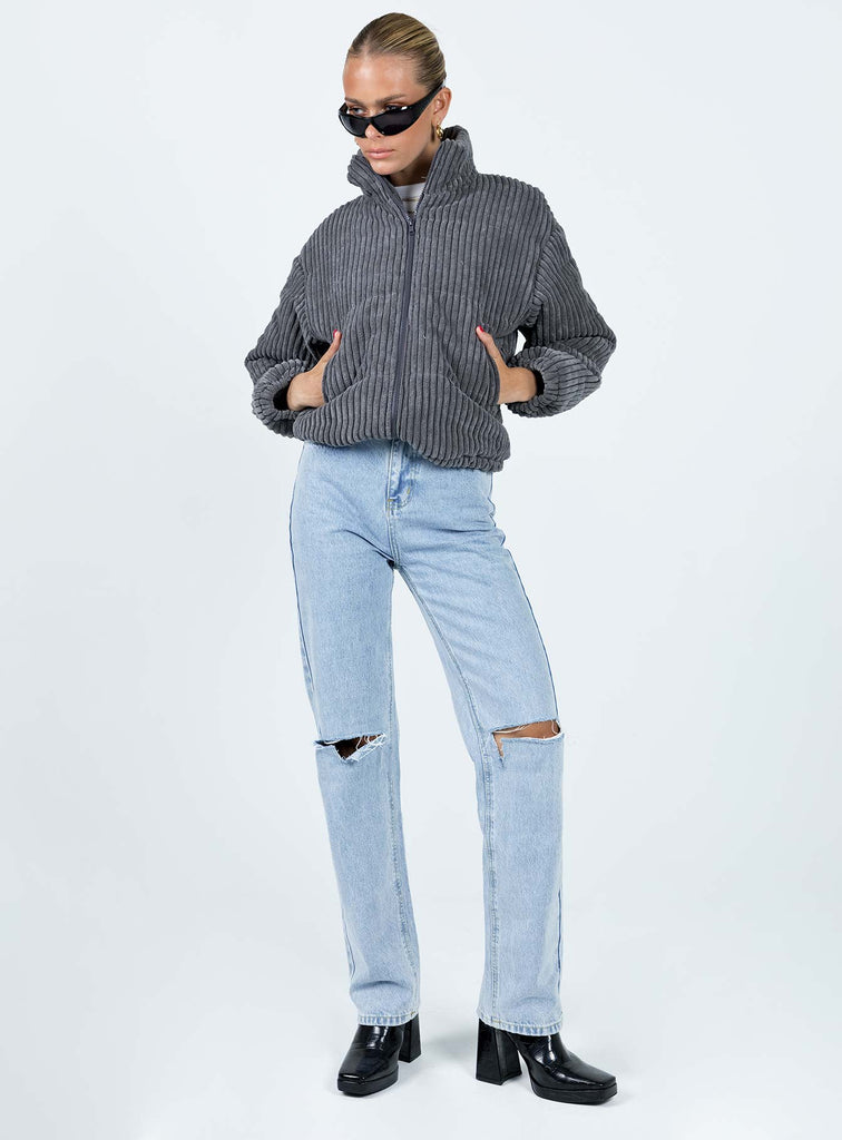 Benli Cord Puffer Jacket Slate | Princess Polly