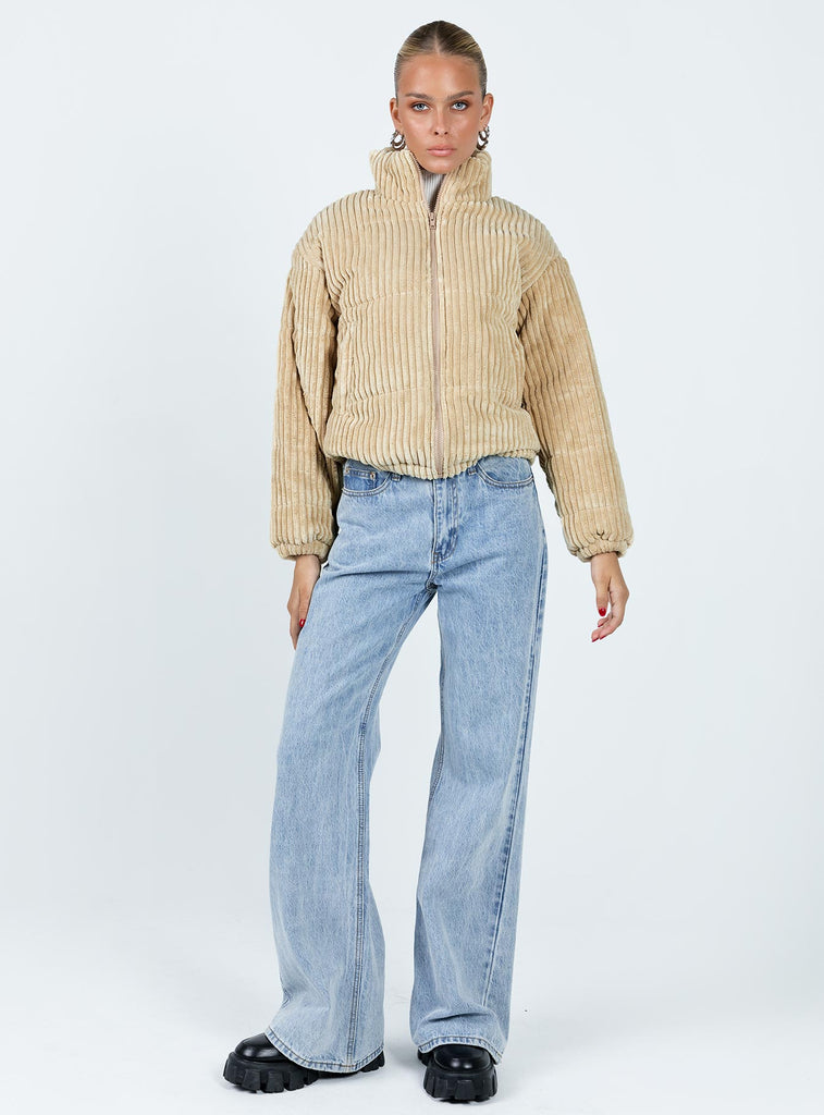 Benli Cord Puffer Jacket Beige | Princess Polly