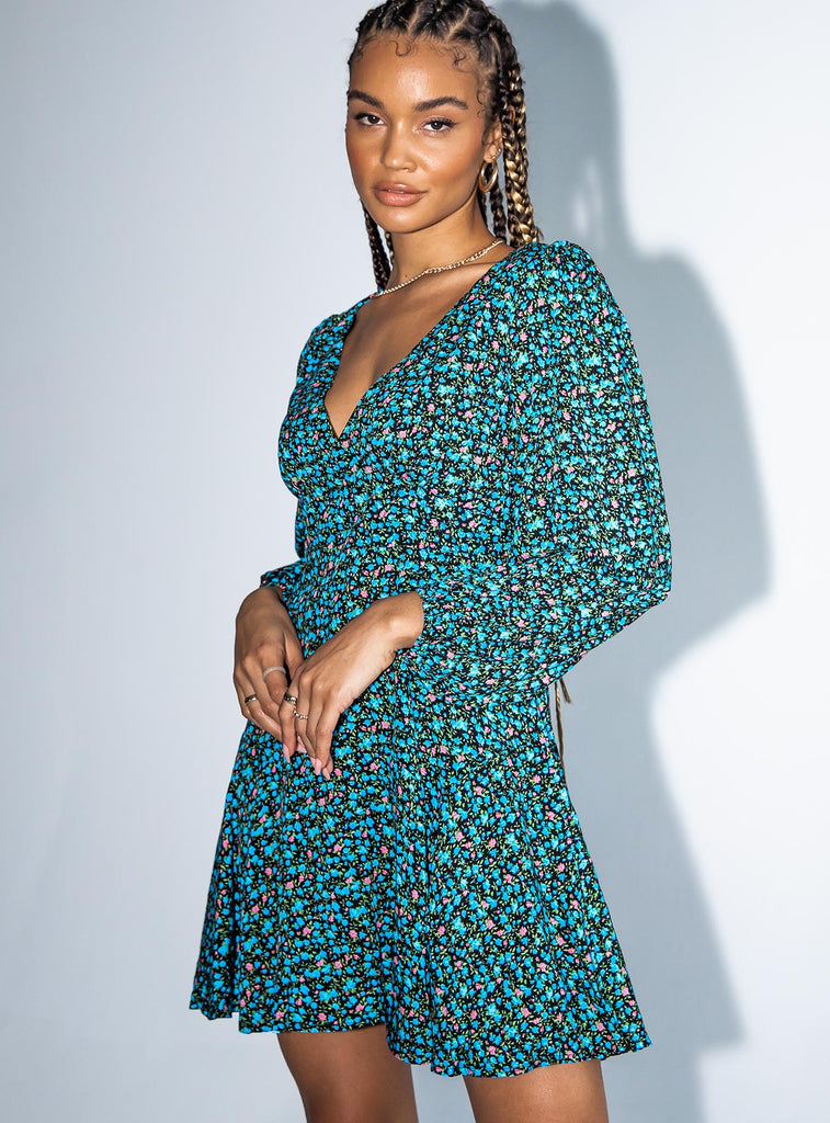 Sting Long Sleeve Mini Dress Black Floral | Princess Polly