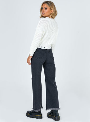 Cece Hammer Wide Leg Knee Rip Jeans Black Denim | Princess Polly